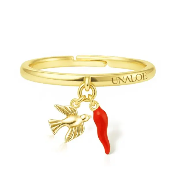 UNALOE Gold / Red Adjustable Gold Plated Italian Horn And Dove Charm Ring - Gold/red