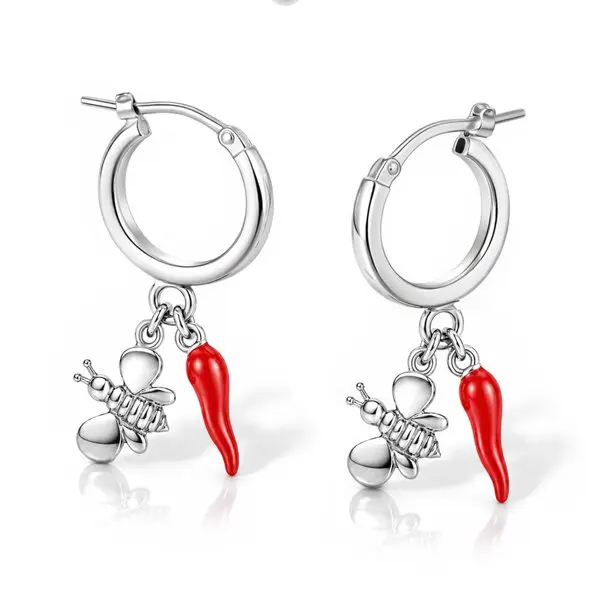 UNALOE Silver / Red Sterling Silver Bee And Red Horn Charm Hoop Earrings - Silver/red