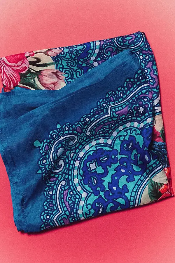 Vismaya 100% Silk Scarf With Floral Print - Blue Lace