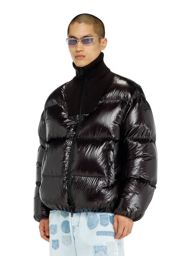 DIESEL® Ripstop Down Puffer Jacket With Ribbed High Neck - Black