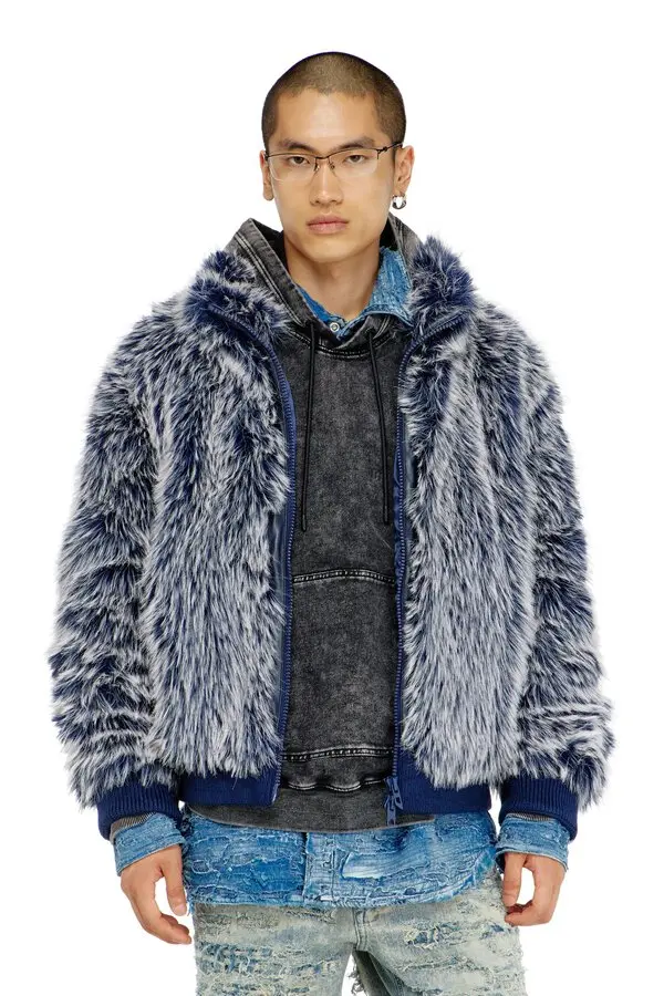 DIESEL® Shaggy Faux Fur Bomber Jacket With Stand Collar - Blue