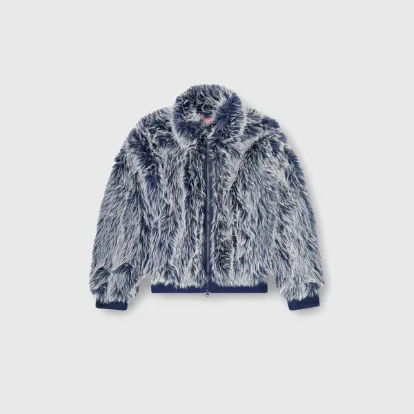 DIESEL® Shaggy Faux Fur Bomber Jacket With Stand Collar - Blue