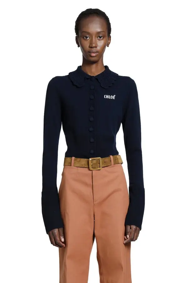Chloé Logo Embroidered Wool Cardigna - Blue