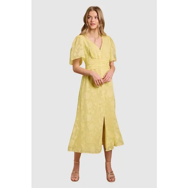 OASIS Button Jacquard Midi Dress With V-neckline And Puff Sleeves - Butter
