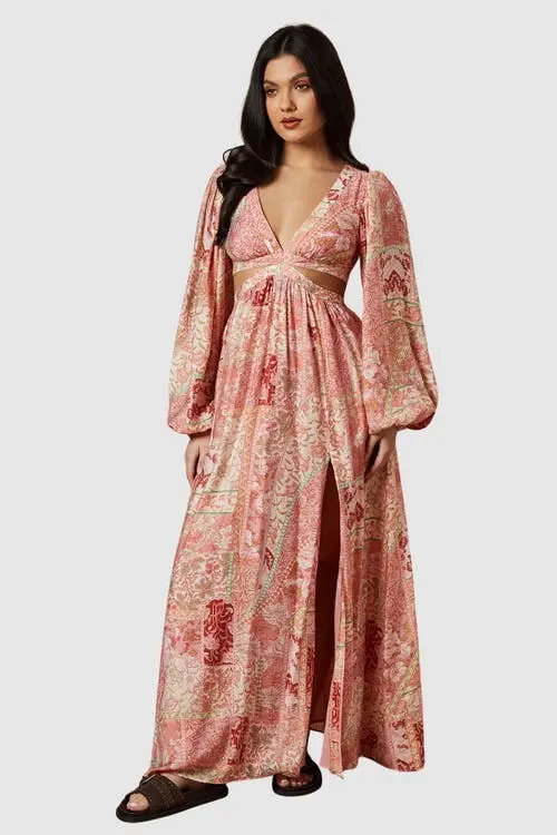 OASIS Long Sleeve Printed Maxi Dress With Side Cutouts - Pink