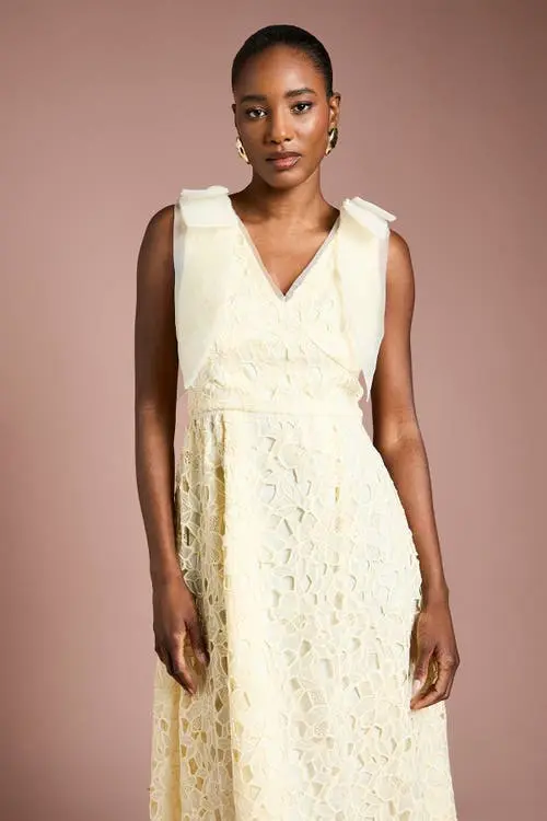 Coast Shoulder Organza Lace Midi Dress - Lemon