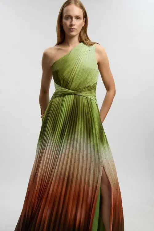 Karen Millen Ombre One-shoulder Pleated Maxi Dress