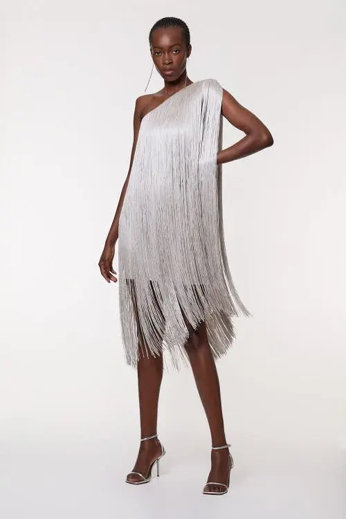 Karen Millen Petite Fringe One-shoulder Mini Dress - Silver