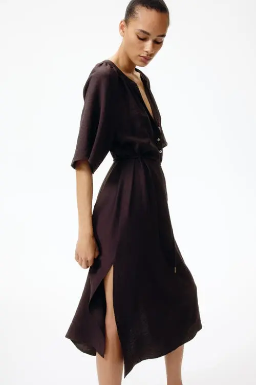 H&M Tie-detail Tunic Dress - Dark Brown