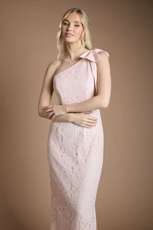 Coast One Shoulder Lace Maxi Dress With Bow Detail - Blush
