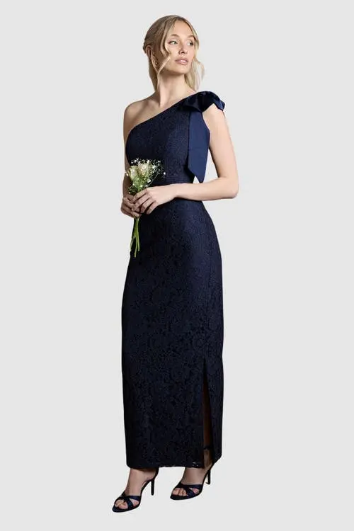 Coast One Shoulder Lace Maxi Dress With Bow Detail - Navy