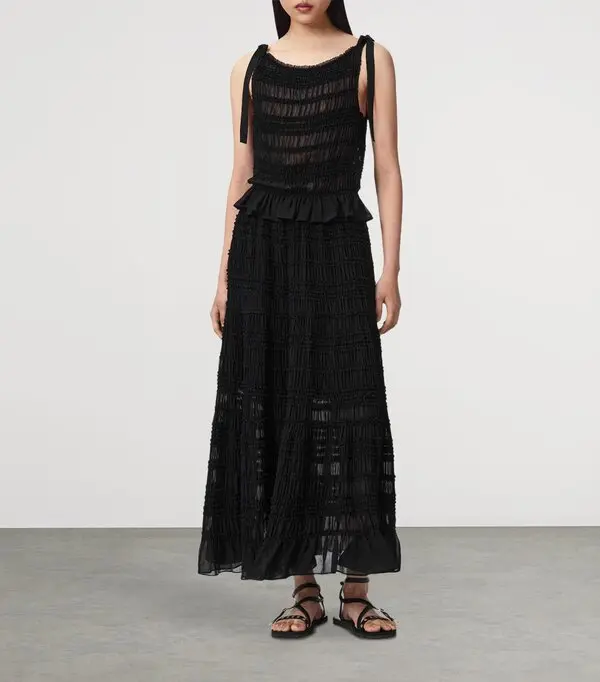 ALLSAINTS Shirred Boat Neck Top With Ribbon Straps