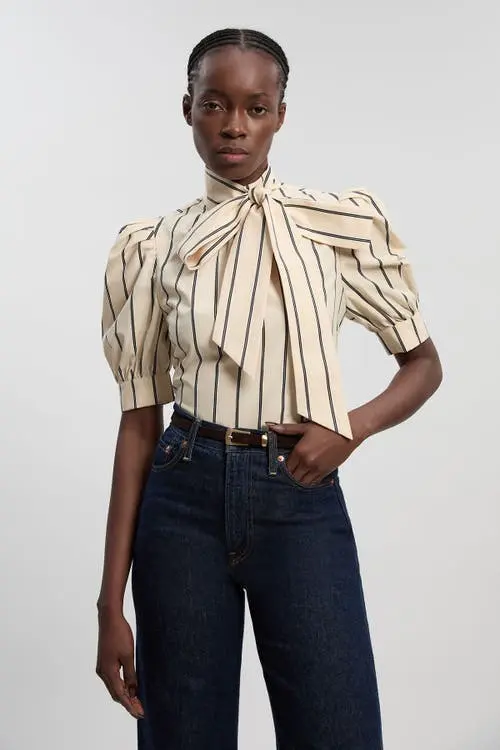 Karen Millen Striped Pussy Bow Blouse With Puff Sleeves - Stripe