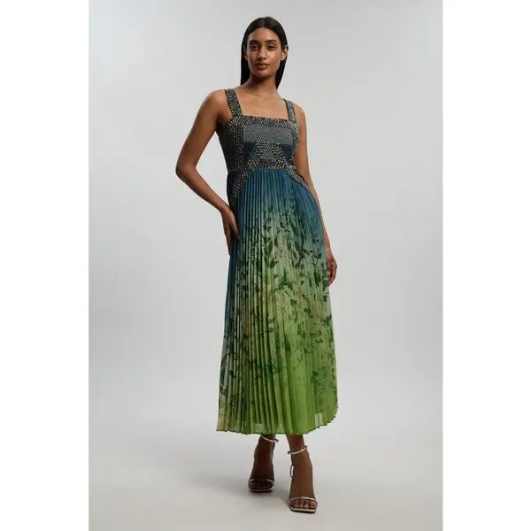 Karen Millen Embellished Ombre Floral Pleated Maxi Dress - Navy