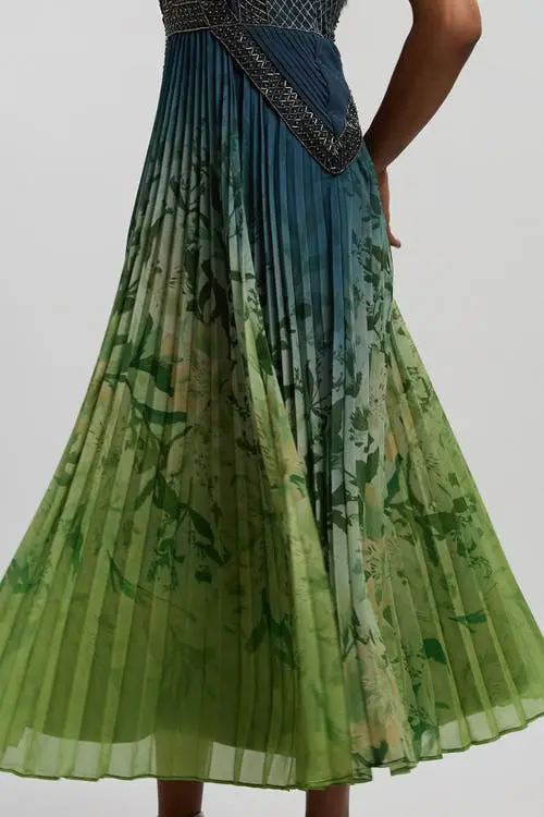 Karen Millen Embellished Ombre Floral Pleated Maxi Dress