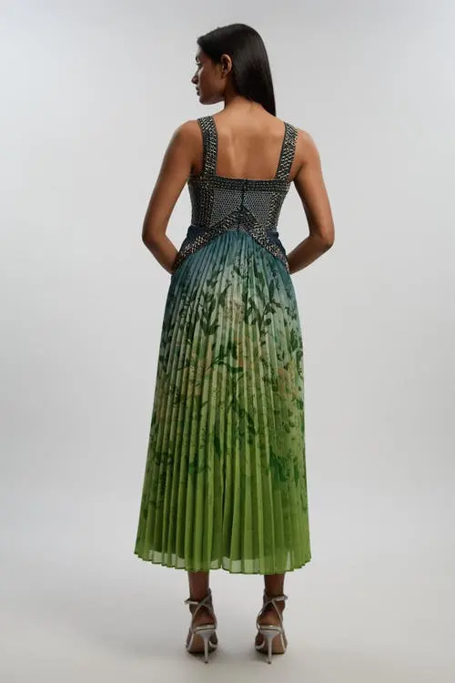 Karen Millen Embellished Ombre Floral Pleated Maxi Dress
