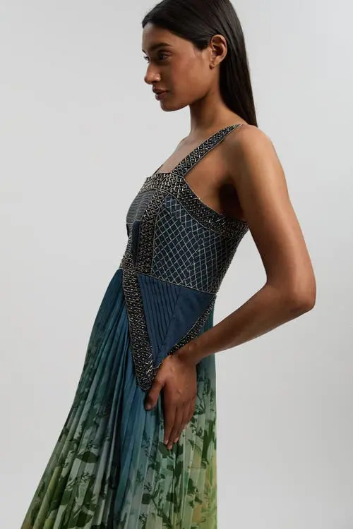 Karen Millen Embellished Ombre Floral Pleated Maxi Dress