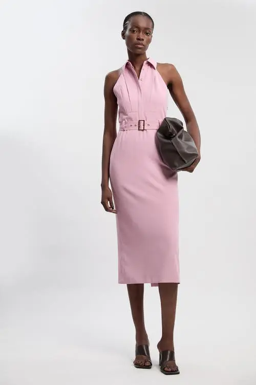 Karen Millen Collared Halter Neck Belted Midi Dress - Pink
