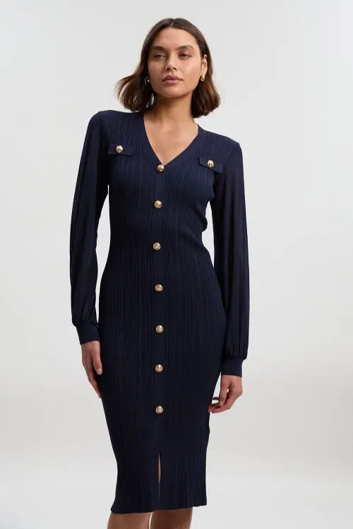Karen Millen V-neck Sleeveless Rib Knit Midi Dress - Navy