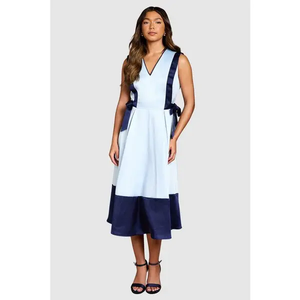 Coast Sleeveless V-neck Color-blocked Midi Dress With Bow Detail - Pale Blue