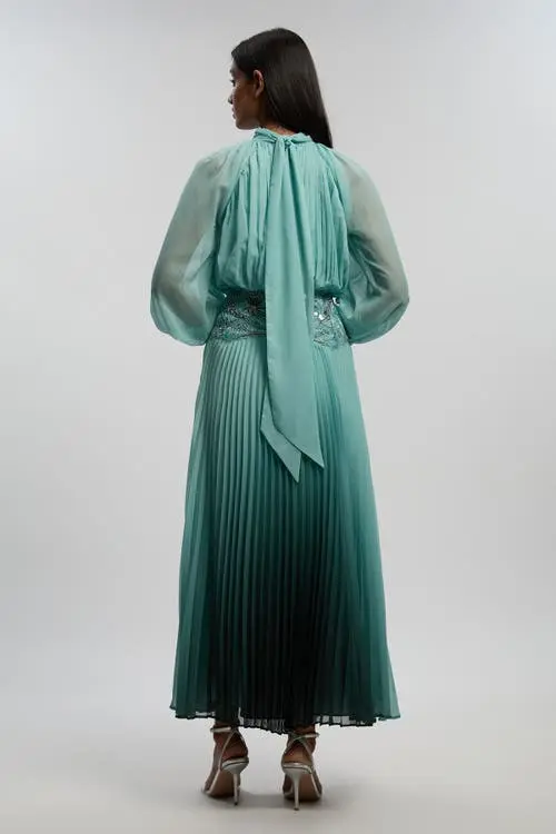 Karen Millen Long Sleeve High Neck Pleated Maxi Dress