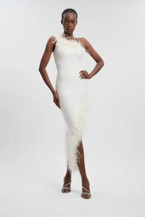 Karen Millen Feather Trimmed One-shoulder Maxi Dress - Ivory