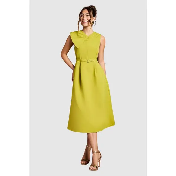 Coast Bow Crepe Belted Midi Dress - Acid Lime