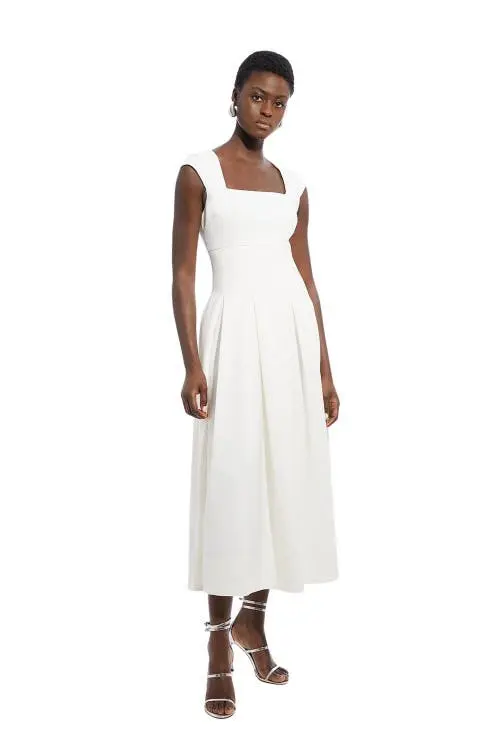 Karen Millen Square Neck Pleated Midi Dress - Ivory