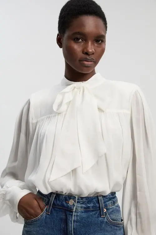 Karen Millen Tie-neck Georgette Blouse With Billowing Sleeves - Ivory