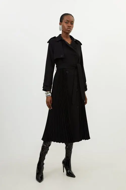 Karen Millen Belted Trench Coat With Pleated Skirt - Black