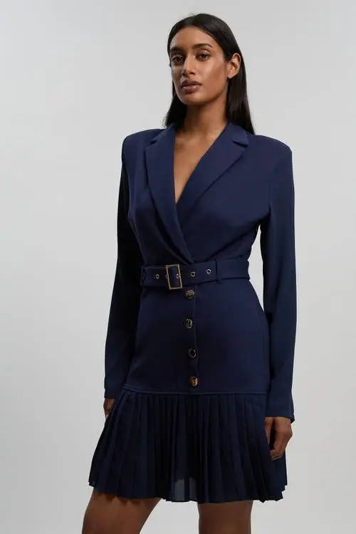 Karen Millen Pleated Skirt Collared Mini Dress - Navy