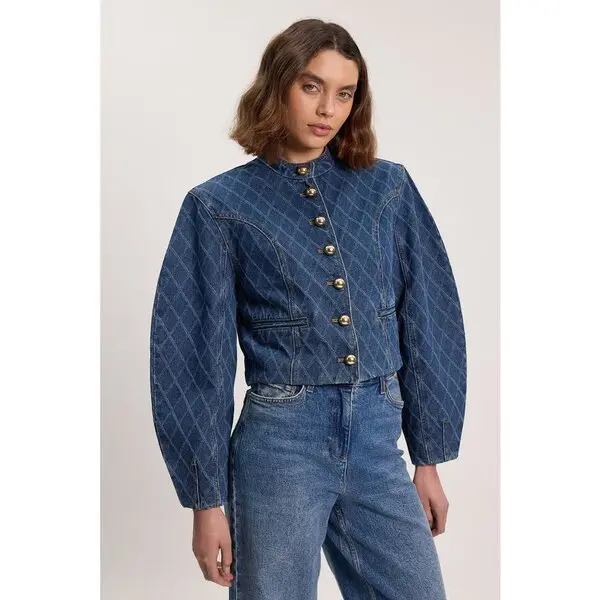 Karen Millen Quilted Denim Jacket With Balloon Sleeves - Blue