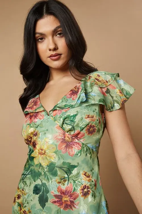 OASIS Floral Satin Burnout Ruffle Midi Dress