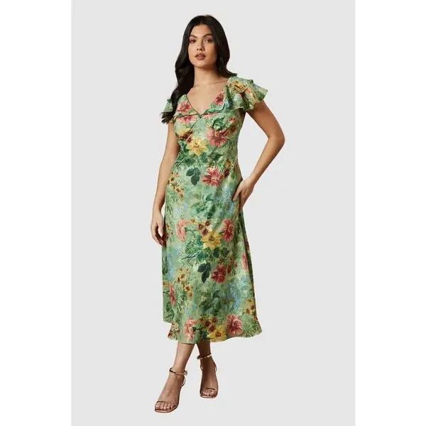 OASIS Floral Satin Burnout Midi Dress - Sage