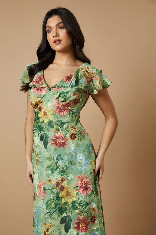 OASIS Floral Satin Burnout Midi Dress