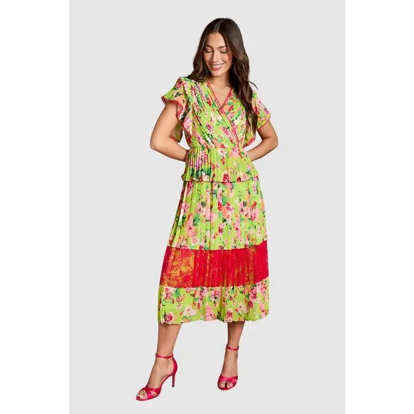 Coast Embroidered Floral Wrap Midi Dress - Green
