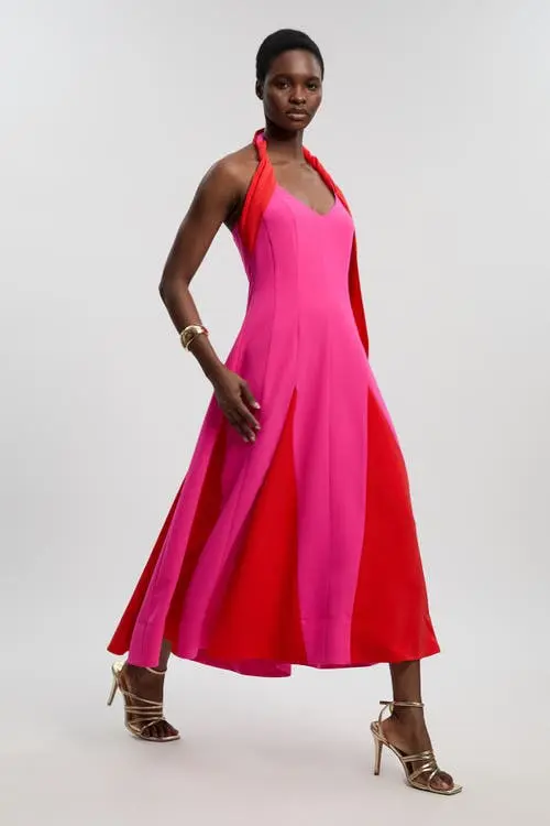 Karen Millen Color Block Halterneck Maxi Dress - Pink