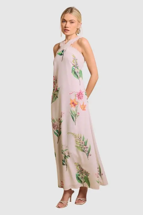 OASIS Halterneck Floral Maxi Dress With Lace Trim - Ivory