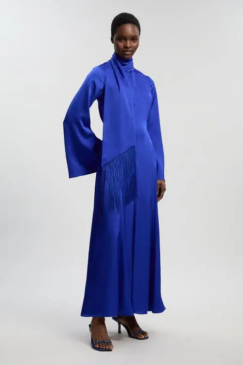 Karen Millen High Neck Long Sleeve Maxi Dress With Fringe Detail - Cobalt