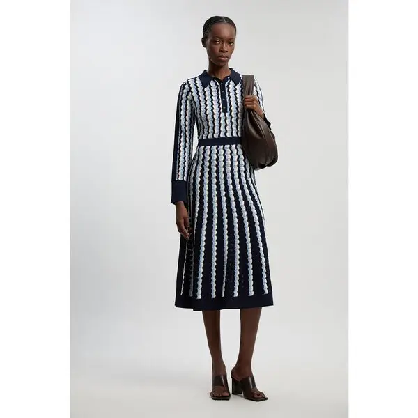 Karen Millen Pointelle Collared Midi Dress - Blue