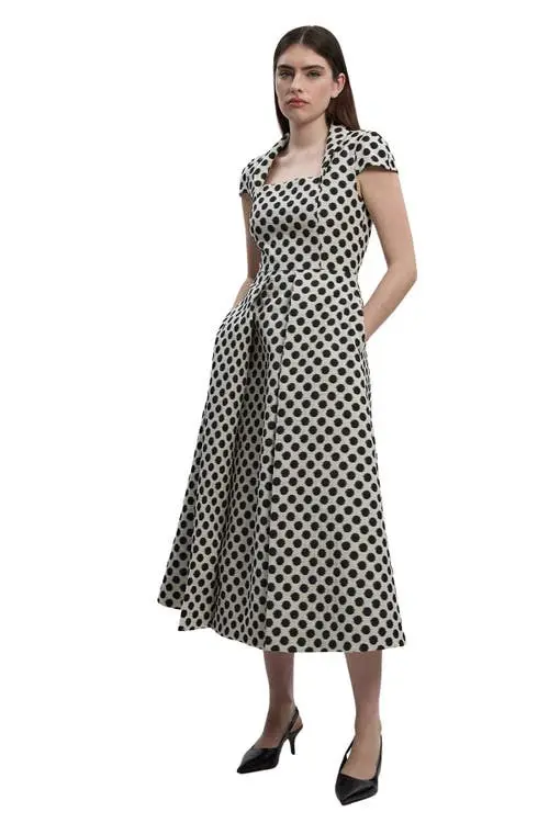 Karen Millen Spot Jacquard Square Neck Midi Dress - Mono