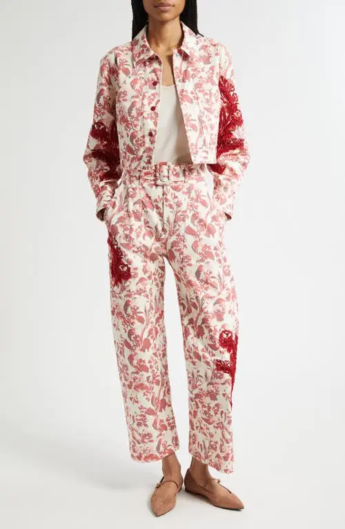 Cinq À Sept Floral Ribbon Bead Fringe Detail Stretch Cotton Pants - Cherry Rose Multi
