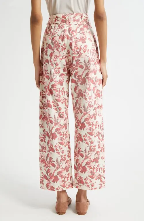 Cinq À Sept Floral Ribbon Bead Fringe Detail Stretch Cotton Pants - Cherry Rose Multi