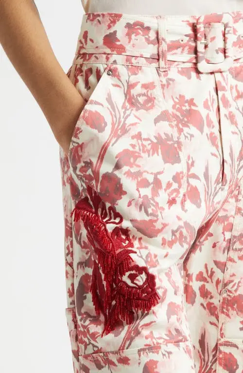 Cinq À Sept Floral Ribbon Bead Fringe Detail Stretch Cotton Pants - Cherry Rose Multi