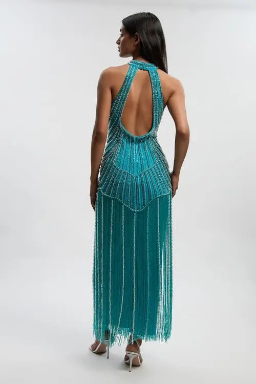 Karen Millen Embellished Crystal Fringe Halterneck Maxi Dress