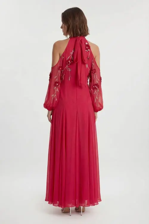 Karen Millen Petite 3d Floral Appliqué Cold Shoulder Maxi Dress
