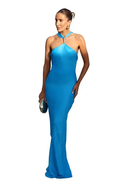 Karen Millen Halterneck Satin Maxi Dress - Aqua