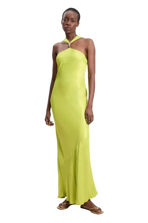 Karen Millen Halterneck Satin Maxi Dress - Chartreuse