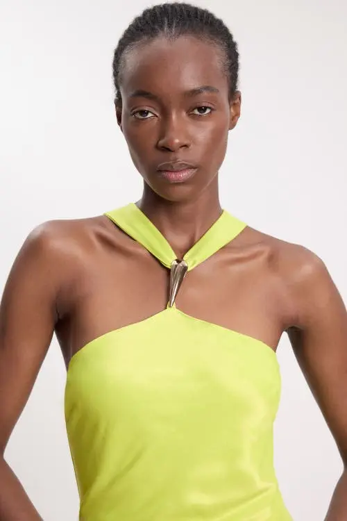 Karen Millen Halterneck Satin Maxi Dress - Chartreuse