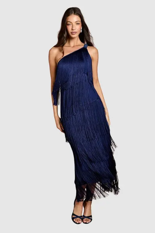 Coast Asymmetric Fringe Maxi Dress - Navy